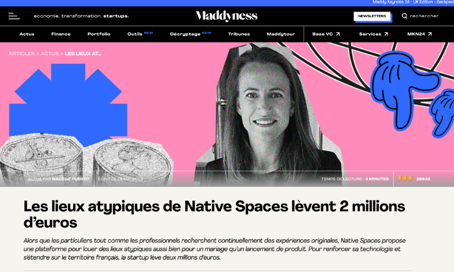 Article | Native Spaces lève 2 millions d'euros pour ses lieux atypiques